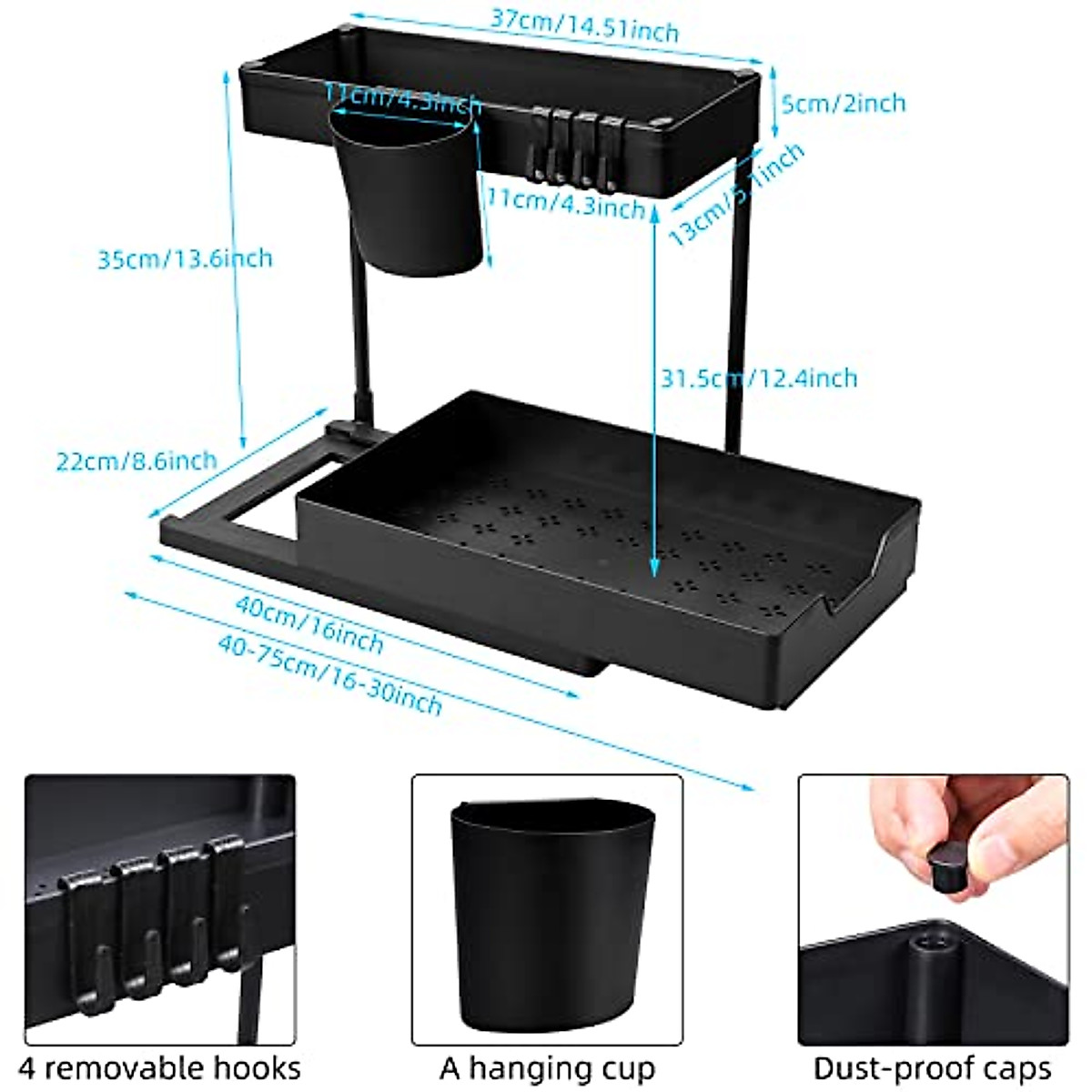 Karlsitek Under Sink Organizer,2-Tier Bathroom Organizer,L-Shape One Sliding Under Cabinet Storage Organizer with 1 Hanging Cup and 4 Hooks,Under Sink Organizers and Storage for Kitchen Bathroom