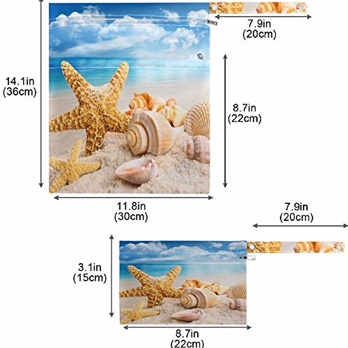 visesunny 2Pcs Wet Bag with Zippered Pockets Starfish Shell Washable Reusable Roomy Diaper Bag for Travel,Beach,Pool,Daycare,Stroller,Diapers,Dirty Gym Clothes, Wet Swimsuits, Toiletries