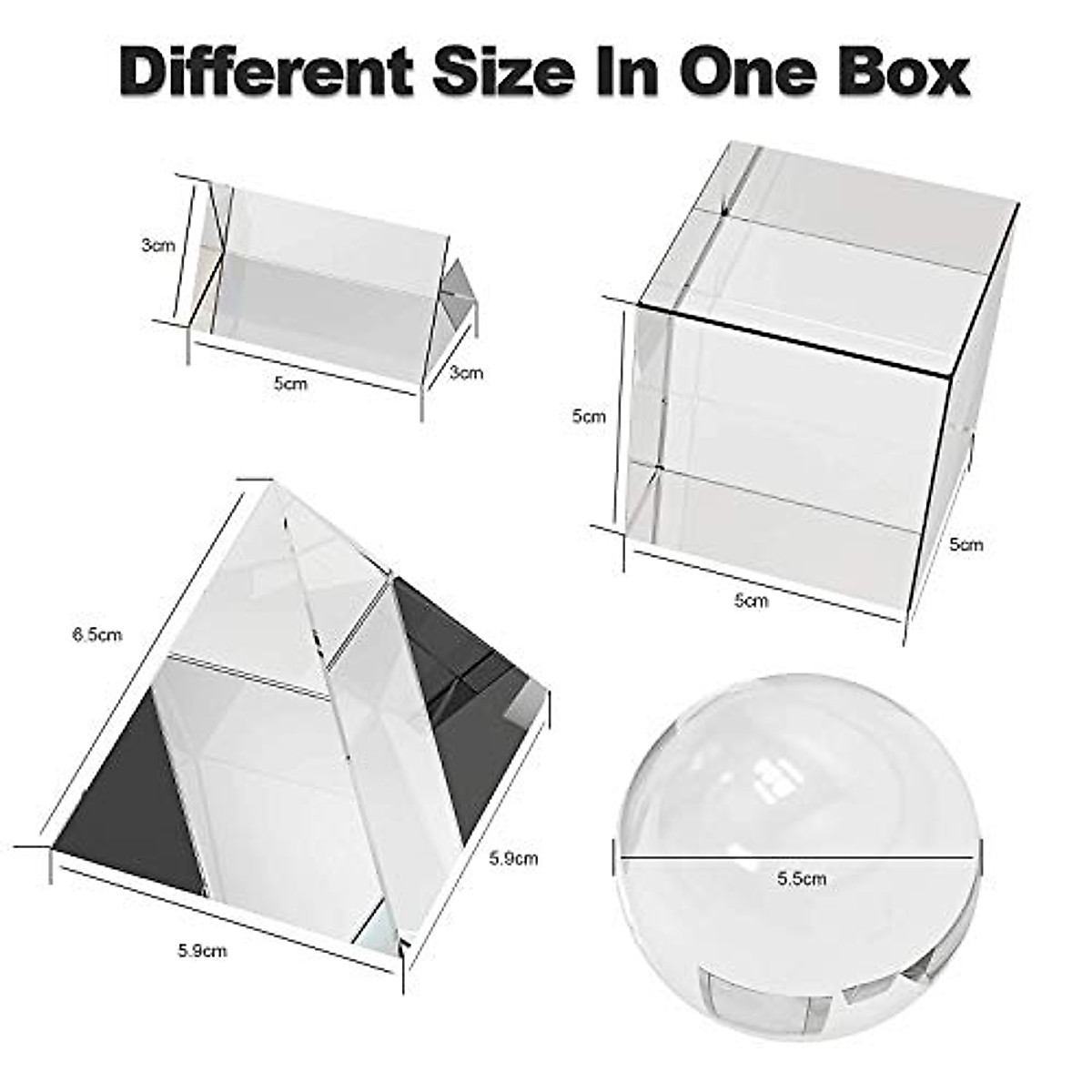 4 Pack K9 Optical Crystal Photography Prism Set, Include 55mm Crystal Ball, 50mm Crystal Cube, 50mm Triangular Prism, 60mm Optical Pyramid with Gift Box& Wipe Cloth for Teaching, Playing, Photography