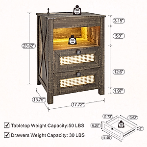FREDEES Rustic Nightstand with Gun Drawer, End Table with Charging Station, LED Bedside Table with Human Sensor Light, Rattan Night Stand for Bedroom, Brown