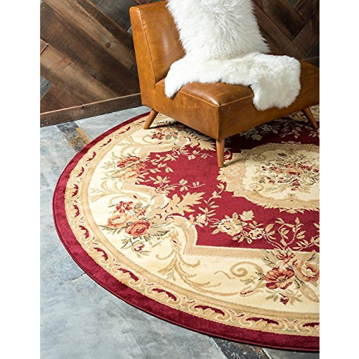 Unique Loom Versailles Collection Traditional Classic Floral Motif Area Rug (6 ft Round, Burgundy/ Ivory)