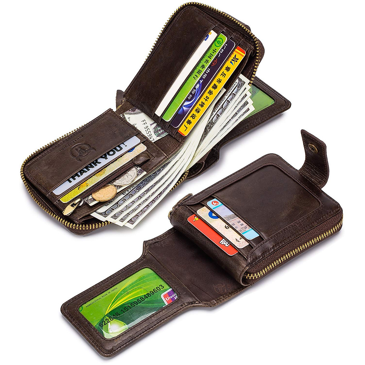 BULLCAPTAIN Men’s Genuine Leather Wallet,RFID Blocking Zip Around Bifold Multi Purse Cowhide Leather Vintage Secure Card Holder with ID Window (Brown)