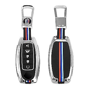 Key Fob Cover with Key Chain Only Fit for Nissan 5 Buttons Smart Key, Soft Silicone Full Protection and Metal Shell Smart Key Case, Silver