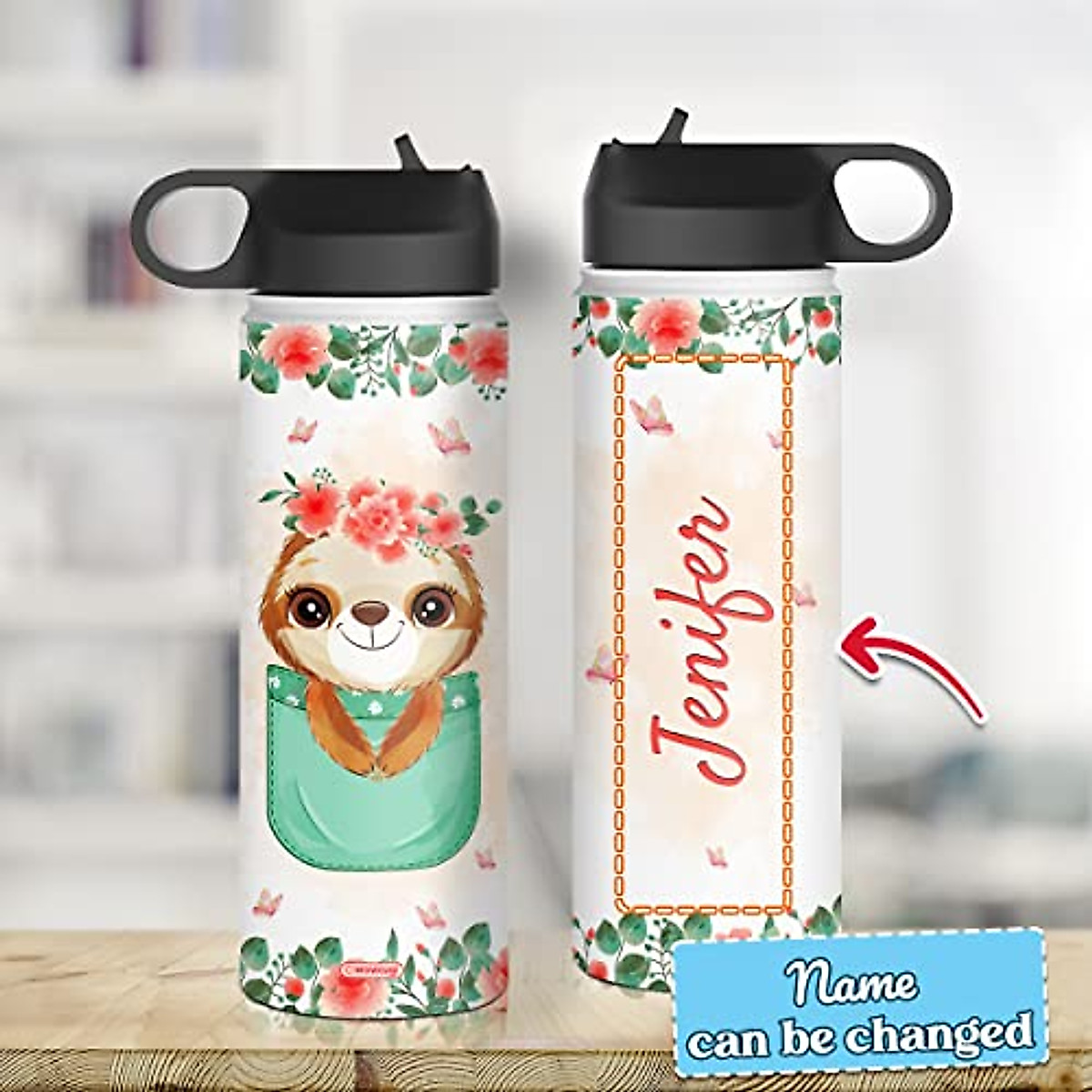 wowcugi Personalized Sloth Water Bottle Stainless Steel Sport Bottles Insulated 12oz 18oz 32oz Travel Cups Gifts for Lazy Sloths Lovers Birthday Christmas Back To School Presents Idea