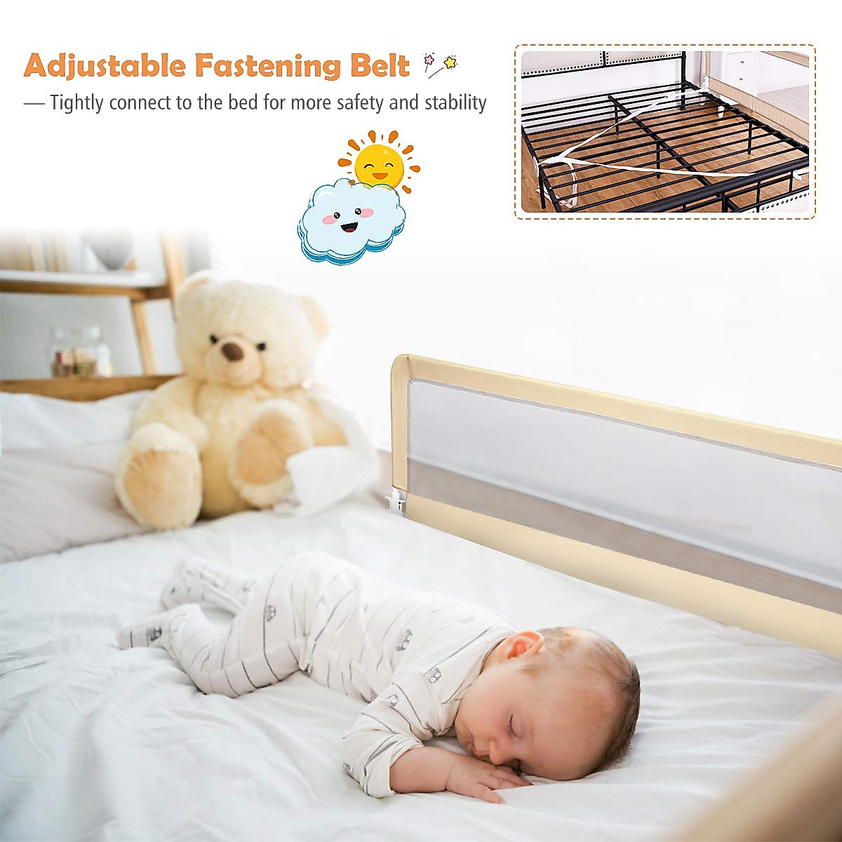 Costzon Bed Rail for Toddlers, 2 PCS Extra Long Swing Down Safety Bed Guards w/Straps for Convertible Crib, Kids Twin, Double, Full Size, Queen & King Bed, Folding Bed Rails for Baby (59-Inch, Beige)