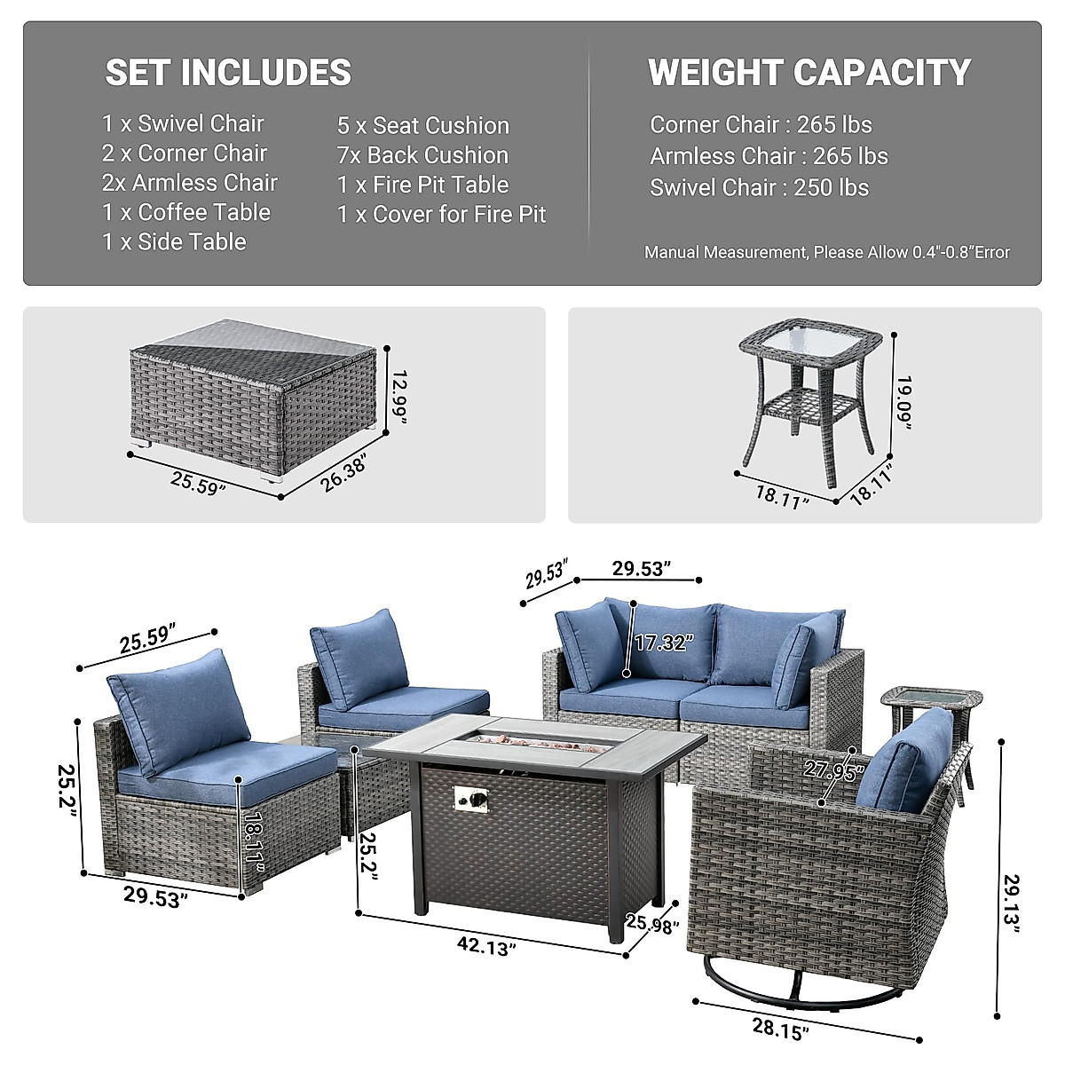 CAODOC 8 Piece Patio Furniture Set, Outdoor Sectional Conversation Set, Wicker Rattan Sofa Set with Coffee Table