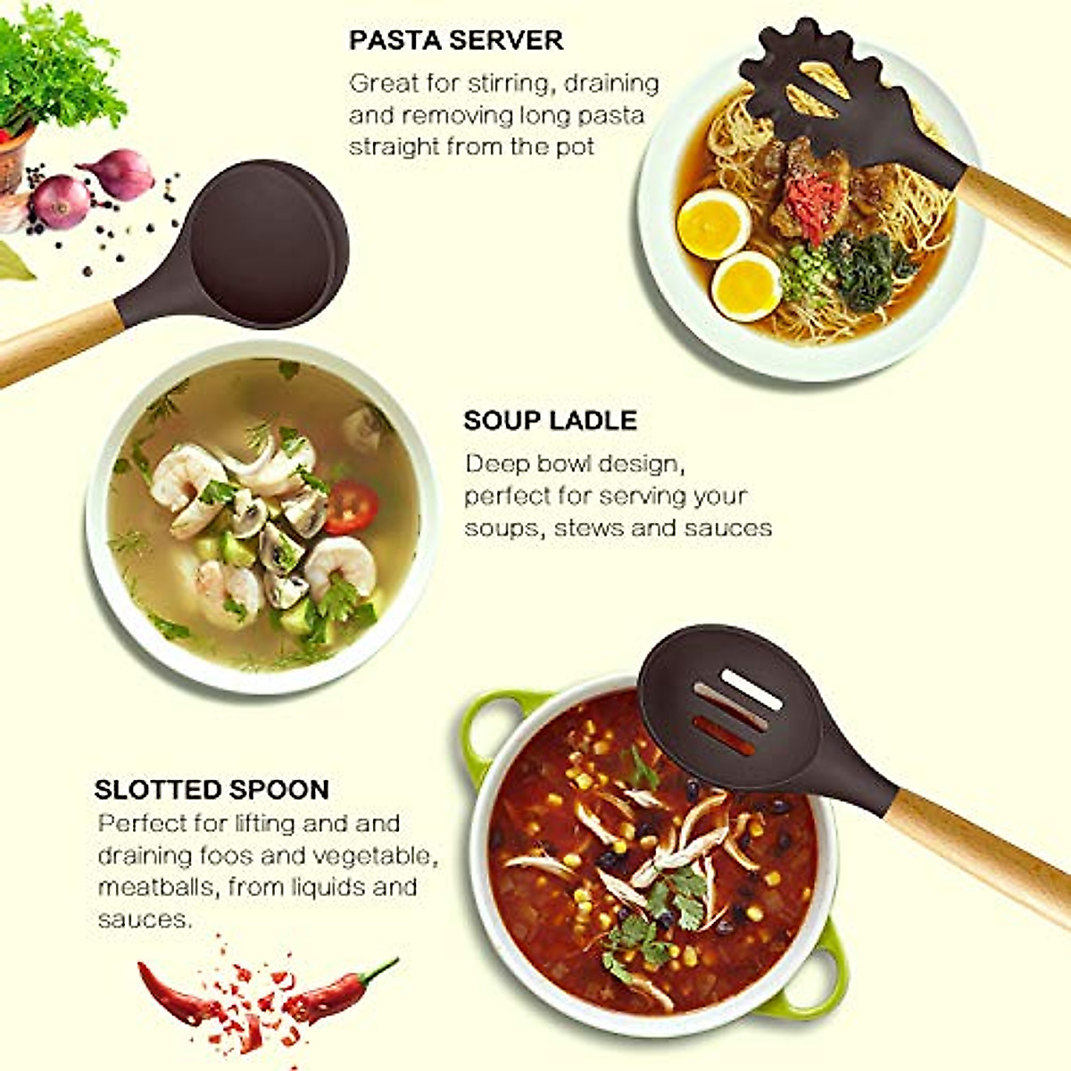 Kinfayv Silicone Cooking Utensils Kitchen Utensil Set, 21 PCS Wooden Handle Nontoxic BPA Free Silicone Spoon Spatula Turner Tongs Kitchen Gadgets Utensil Set for Nonstick Cookware with Holder (Coffee)