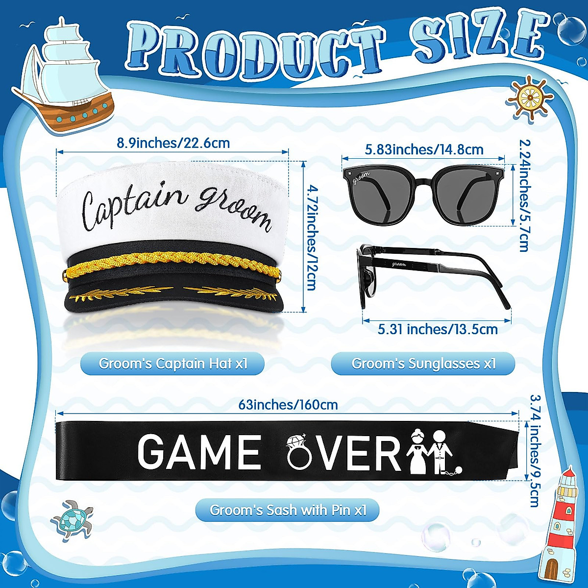 JaGely 3 Pcs Bachelor Party Accessories for Groom Set Include Groom Captain Hat Groom Sunglasses Bachelor Sash Bridal Shower(Stylish Style)