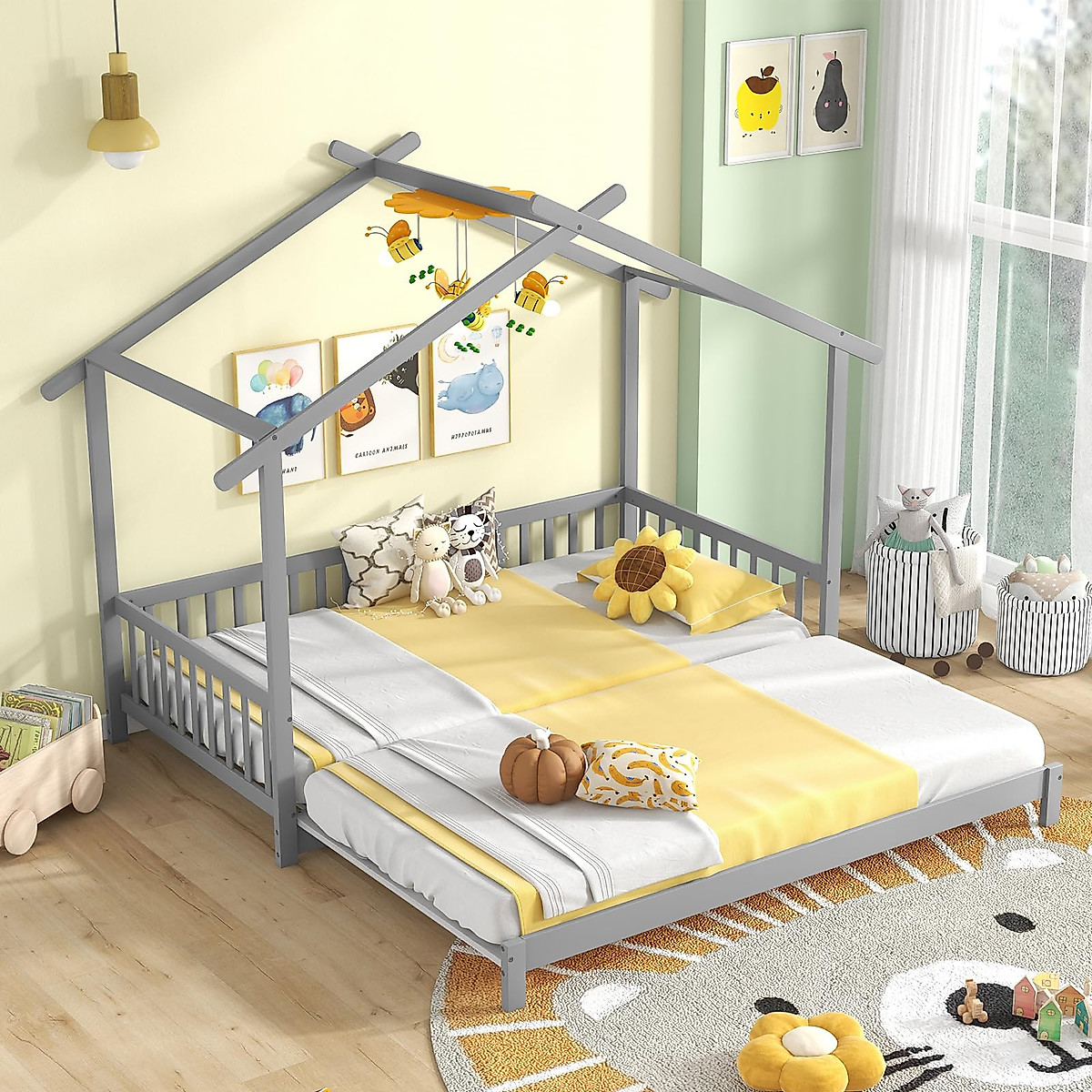 Giantex Wood House Bed for Kids, Twin to King Extendable Daybed with Roof & Fence Rails, Kids Bed for Teens, Boys & Girls, Twin Floor Day Bed, No Box Spring Needed, Grey