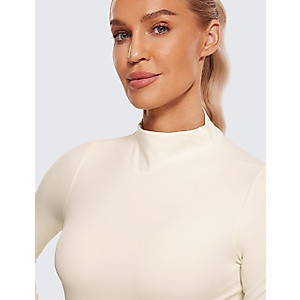 CRZ YOGA Womens Butterluxe Mock Turtleneck Long Sleeves Crop Tops Slim Fit Workout Casual T-Shirt Base Layer Fall Shirts White Apricot Medium