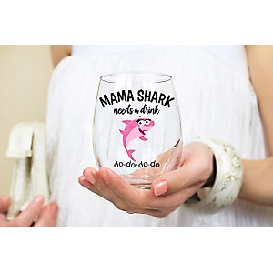 Vine Country Mama Shark Needs a Drink Funny Wine Glass - Mom Gift For Birthdays, Mother's Day, Christmas, Holidays or Just Because - Stemless