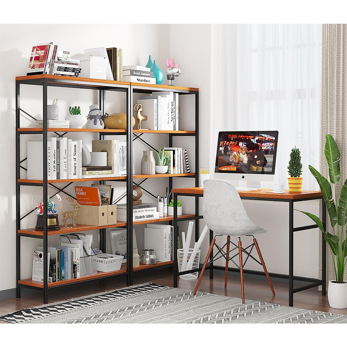 Himimi Industrial Bookshelf 5-Tier, Bookcase 58" H Ladder Shelf, Storage Shelves Rack Shelf Unit, Accent Furniture Metal Frame, Home Office Furniture for Bathroom, Living Room, Vintage Brown