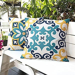 cygnus Outdoor Waterproof Throw Pillow Covers 18x18 Inch Set of 4 Boho Decorative Floral Covers for Patio Furniture Porch (18 * 18inch/45 * 45cm,Teal and Yellow)