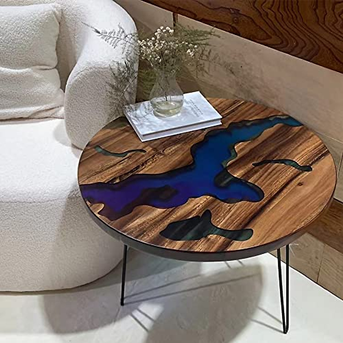 Aurtem Modern Round Coffee Table with Blue Epoxy Home Furniture Household Essential Coffee Table Sturdy Wooden, Resin Console Table Accent Piece for Your Living Room and Office (24''X24'')