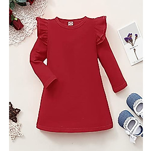 Toddler Baby Girl Solid Color Dress Kids Long Sleeve Ruffle Skirt Playwear (Red, 4-5T)