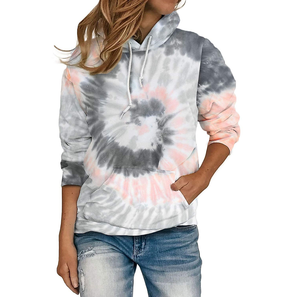 HVEPUO Kangaroo Pocket Hoodie Cute Sweatshirts For Teen Girls Light Grey Hoodie Tie Dye Sweater Plus Size Hoodies Womens Fashion Tops Gray M