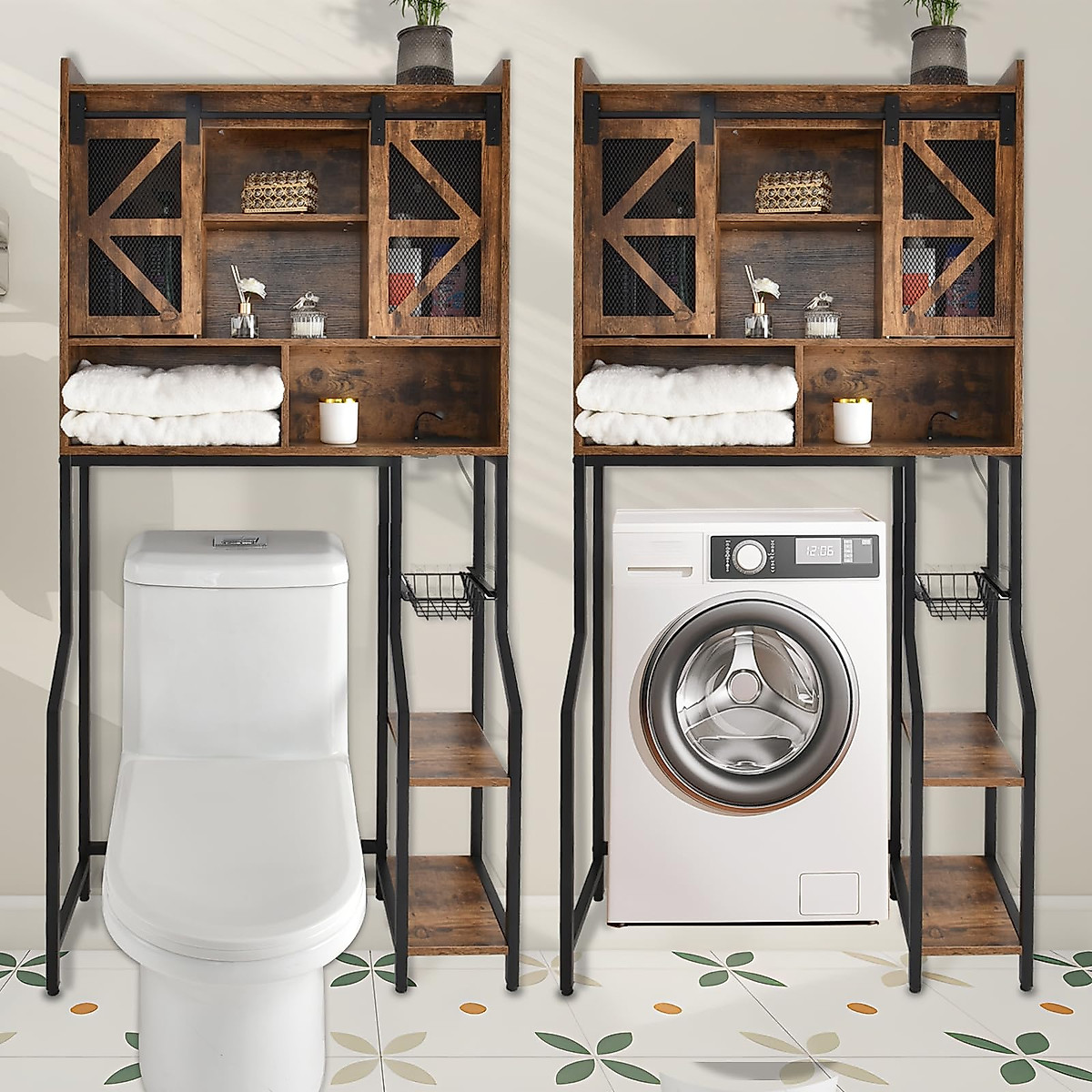 YANASO Over The Toilet Storage Cabinet, Storage Cabinet Over Toilet with 2 Barn Door and Toilet Paper Holder Stand,RGB Light Strip,Home Space-Saving Toilet Rack, for Bathroom, Restroom, Laundry