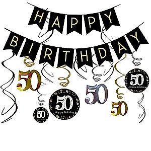 LeoHome 50th Birthday Decorations Kit- Gold Glitter Happy Birthday Banner & Sparkling Celebration 50 Hanging Swirls-50th Anniversary Decorations