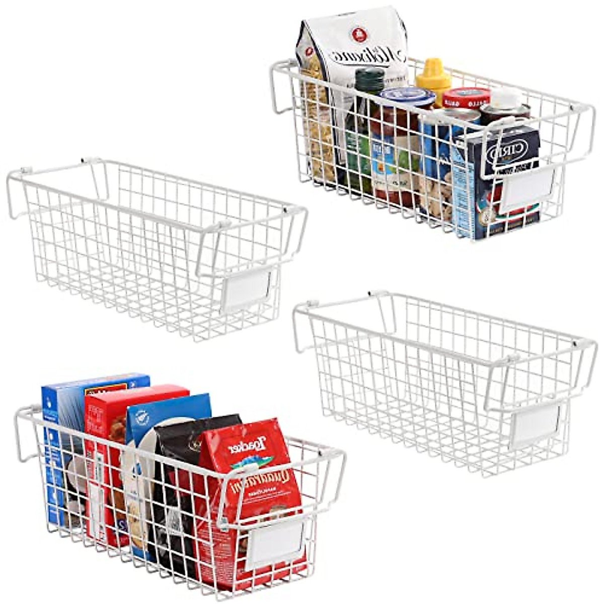 4 Pack Large Stackable Wire Baskets For Pantry Storage and Organization - Metal Storage Bins for Food, Fruit - Kitchen Bathroom Closet Cabinets Countertops Organizer, White