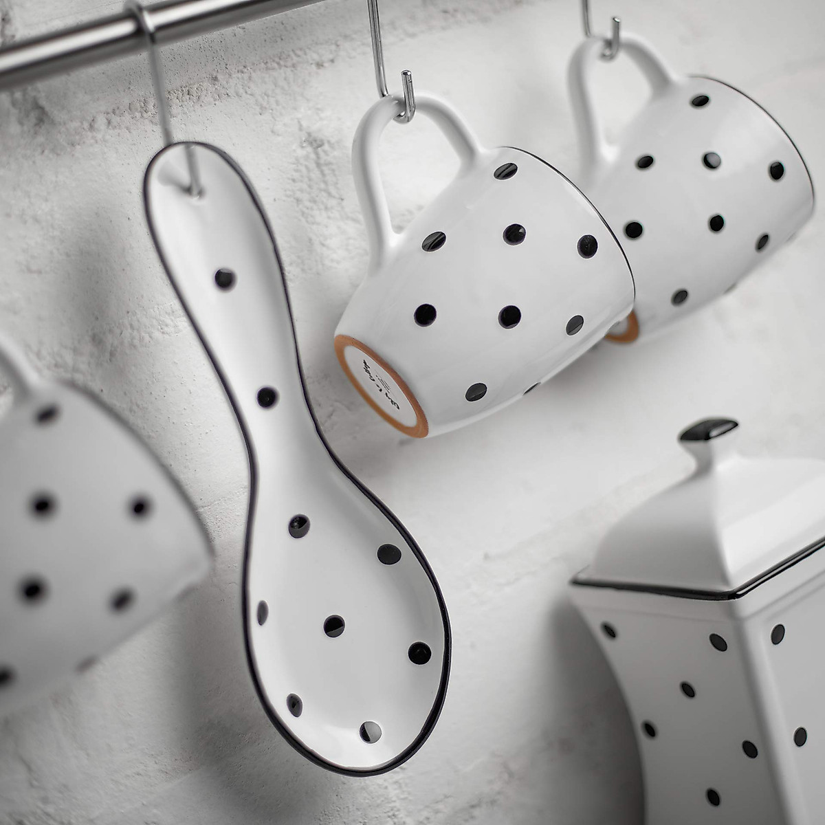 City to Cottage® White and Black Polka Dot Handmade Hand Painted Ceramic Kitchen Cooking Spoon Rest | Utensil Holder