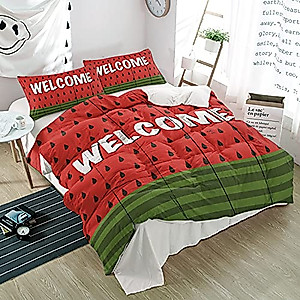 3 Pieces Queen Bedding Duvet Cover Sets,Summer Fruit Watermelon Texture Ultra Soft Bed Set with 2 Pillow Shams for Bedroom Green Stripe and Red on Wood,Luxury Washed Quilt Covers for All Season