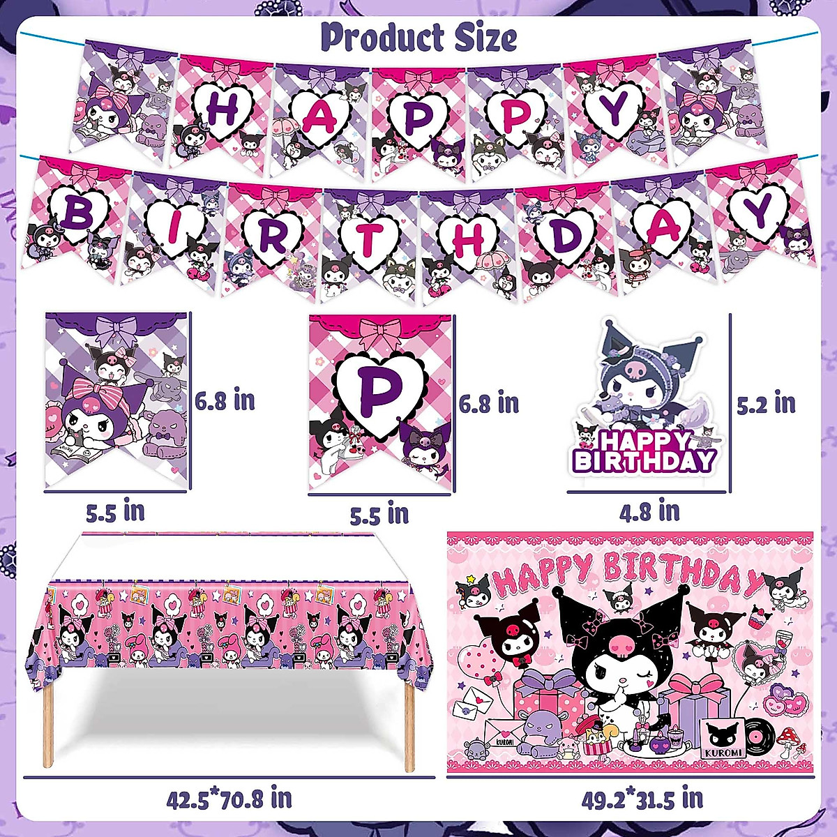 Generic Kawaii Birthday Party Decorations, Kids Cute Cartoon Party Supplies Include Happy Birthday Banner, Balloons, Tablecloth, Plates, Backdrop, Cupcake Toppers for Girls