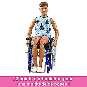 Barbie Ken Fashionistas Doll #195 with Wheelchair and Ramp Wearing Beach Shirt, Orange Shorts and Accessories