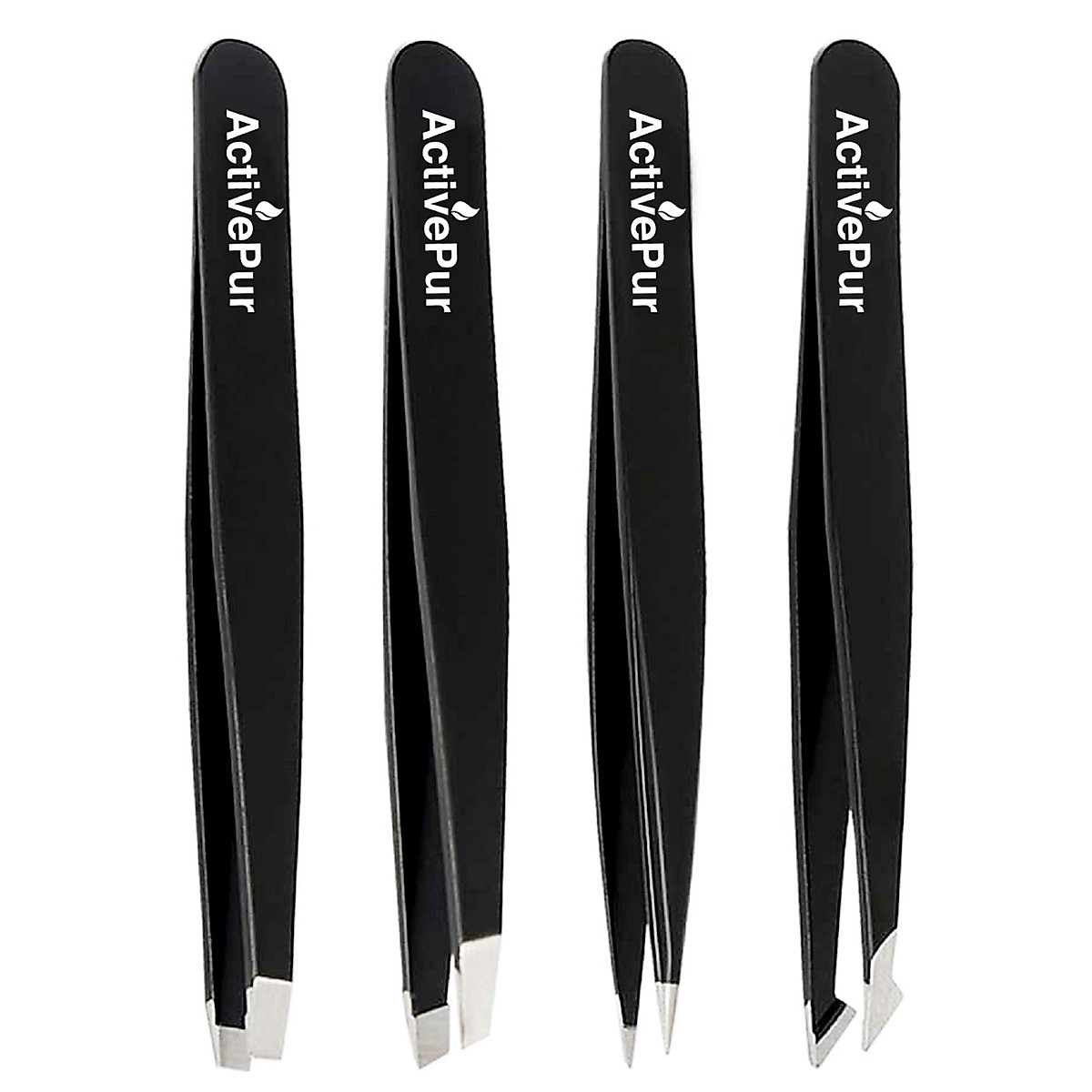 ActivePur, 4 Pcs Tweezers Set Precision for Facial Hair, Ingrown Hair, Splinter for Eyebrows Blackhead and Tick Remover, Best Professional Stainless Steel Seller Hair Remover Tweezer Set w/PU Bag.