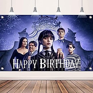 Wednesday New Addams Party Supplies, Happy Birthday Backdrop for Wednesday Party Decorations, 5 x 3FT Birthday Banner for Girls Boys Kids Birthday Party Decor