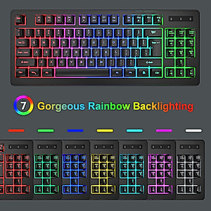 BlueFinger Wireless Gaming Keyboard and Mouse Combo, Long Lasting Rechargeable Battery 87 Keys RGB Rainbow Backlit Gaming Keyboard & Ergonomic Light Up Gaming Mice for Mac Laptop Computer PC Gamer