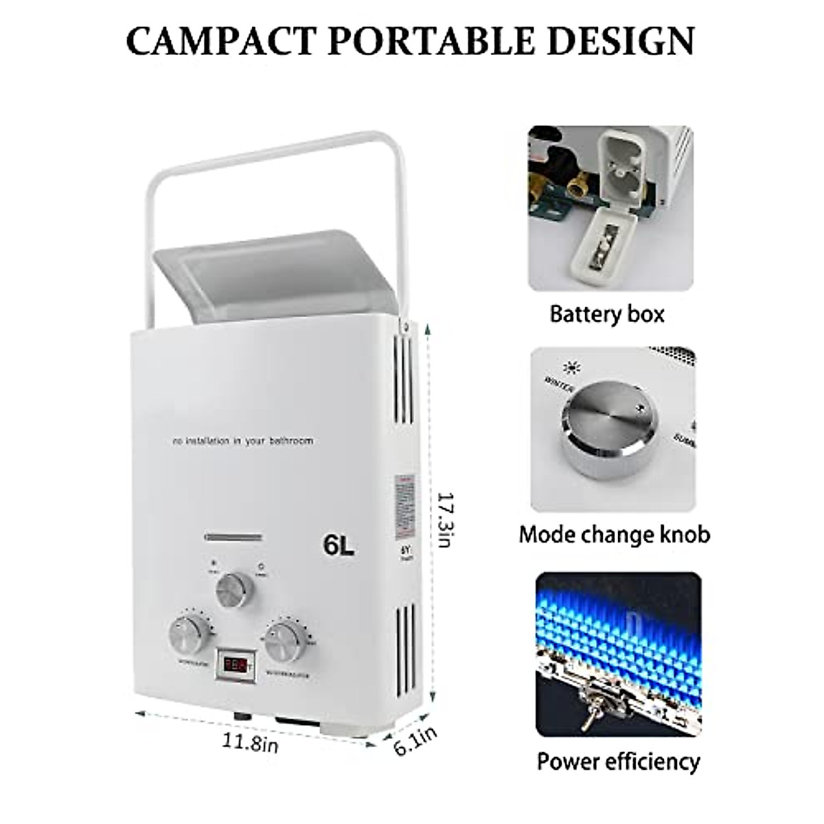 QXCSF 1.58GPM Outdoor Tankless Water Heater, 6L Portable Instant Propane Gas Water Heater for RV Camping, 3.5PSI Water Pressure To Ignite, All Season Usable, Safety Protection