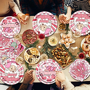 Lenyunge Pink Christmas Decoration Tableware Set,75pcs Ho Ho Ho Christmas Plates and Napkins Supplies Groovy Theme Hip Hop Santa Claus Christmas Supplies for Winter Theme Xmas Holiday