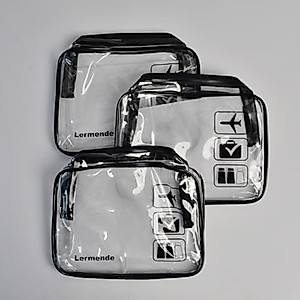 Lermende 3pcs TSA Approved Toiletry Bag with Zipper Travel Luggage Pouch Carry On Clear Airport Airline Compliant Bag Travel Cosmetic Makeup Bags for Men Women (Black)