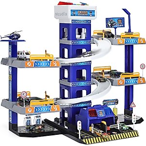 Car Garage Playset for 1:64 Police Cars, Racing Cars & Helicopter, Car Parking Playsets Toy with Elevator Parking Lot for Toddlers 1-3, Car Track for Kids Build Up to 5 Levels with 24 Parking Spaces