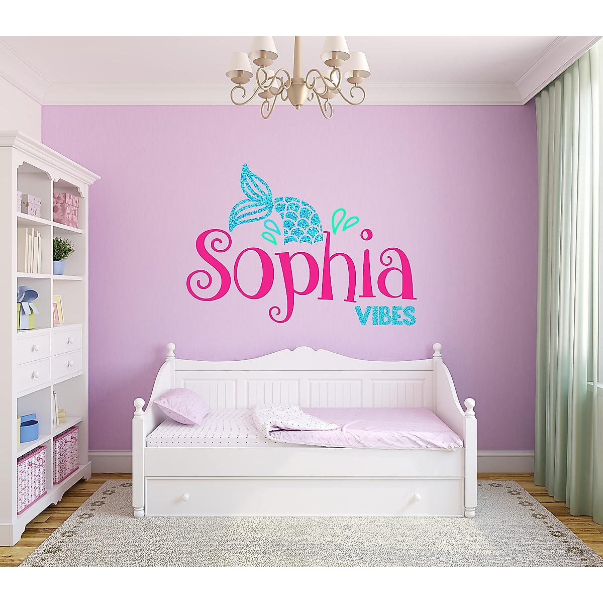 Mermaid Custom Name Wall Decal - Girls Personalized Name Mermaid Tail Wall Sticker - Sparkle Mermaid Wall Decor - Girls Personalize Name Wall Art Sticker - Wall Decal for Nursery Playroom Bedroom Decoration (Wide 15"x11" Height)