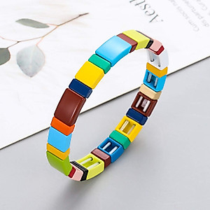NVENF Tile Bracelets Enamel Rainbow Tile Bead Bracelets Colorblock Stackable Stretch Bracelets Bohemia Tile Strand Bangle Bracelet Set for Women Men