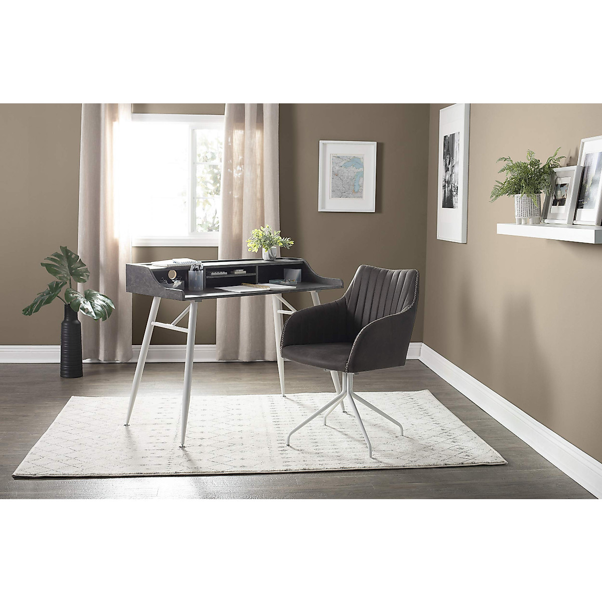 Calico Designs Adelaide Mid Back Swivel, Home Office Accent Chair with Arms, No Casters in White Metal Legs/Dark Grey Tufted Faux Suede with Stitch Detail