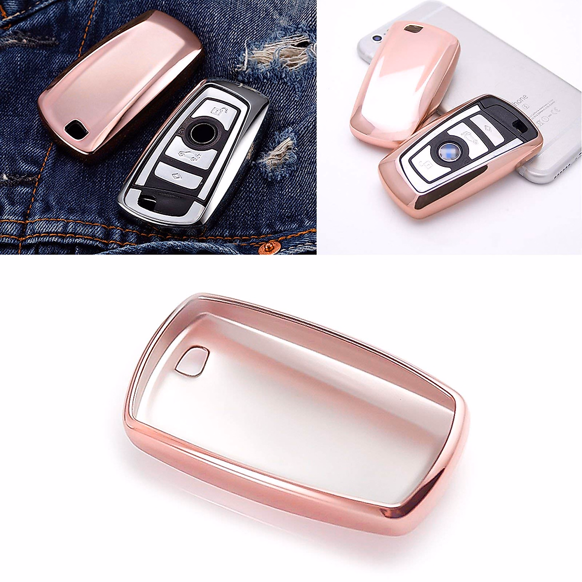 Xotic Tech Rose Gold Soft TPU Key Fob Shell Skin Cover, Compatible with BMW 1 2 3 5 6 7 Series X1 X3 X4 X5 X6 M Models GT3 GT5 F12 F20 F21 F22 F25 F30 F31 GT3 GT5 Z4 Smart Keyless Entry Key