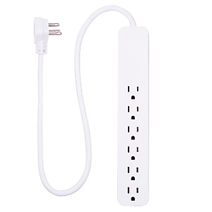 GE Power Strip Surge Protector, 6 Outlets, Flat Plug, 2ft Power Cord, Wall Mount, White, 40532 & Designer 1 Ft. Power Strip, 3 Grounded Outlets, Flat Plug, Mini Cord, Premium, White, 45190