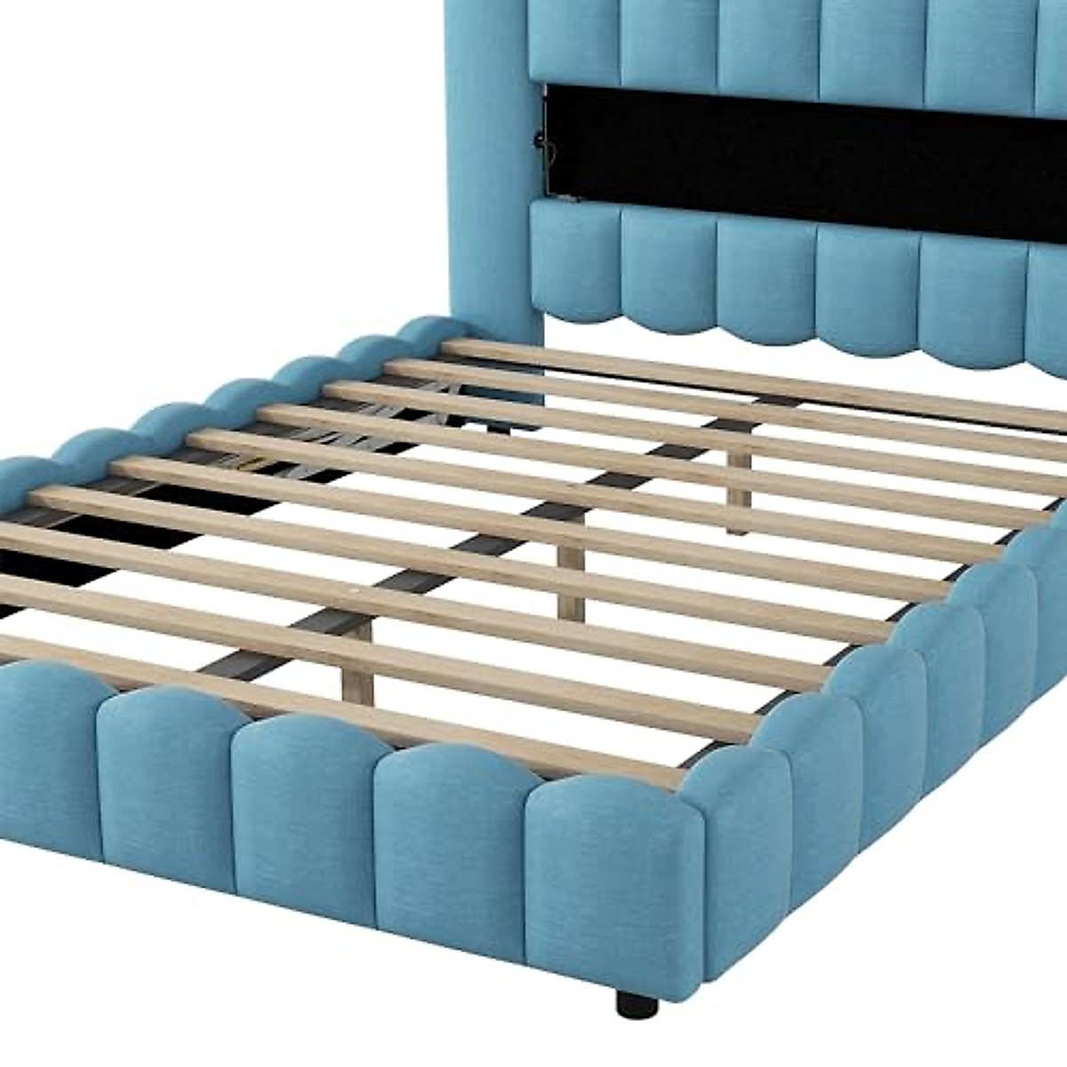 HAUSHECK Upholstered Bed Frame Queen Size with Large Underneath Storage, LED Headboard and USB Ports, Queen Floor Bed Frame w/Wooden Slats Support, Modern Platform Bed No Box Spring Needed