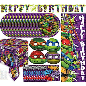 Ninja Turtle Party Decorations - 16 Guests - Ninja Turtle Plates and Napkins, Tablecloth, Banner, Teenage Mutant Ninja Turtles Party Supplies, Checklist - TMNT Mutant Mayhem Movie