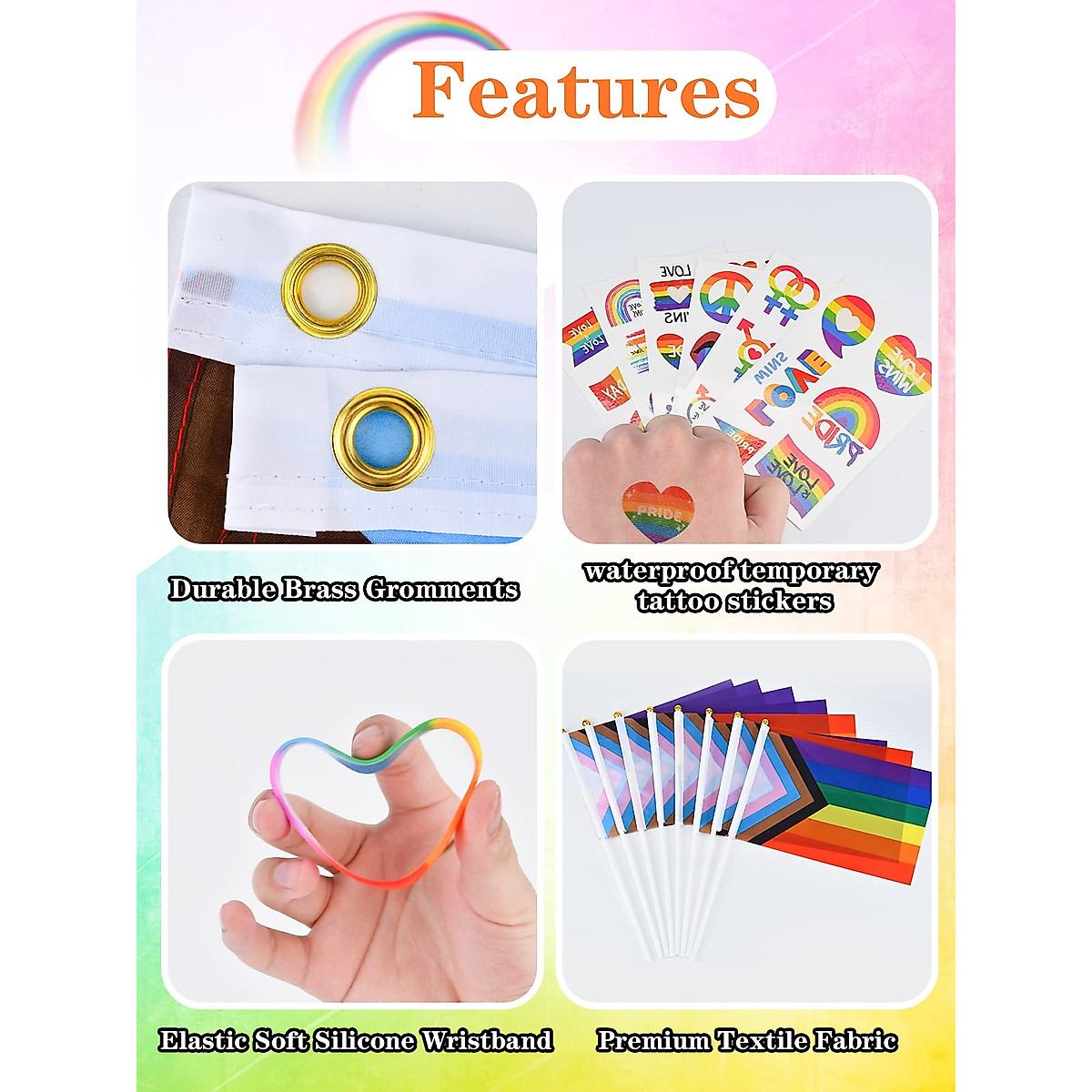 Abitoncc 91Pcs Gay Pride Accessories Stuff Set - Progress Pride Flag 3x5 Outdoor 24 Pack Mini Hand Held Small Pride Flags 24Pcs Pride Wristband Temporary Pride Tattoo Stickers Pride Stuff for Pride Month Outdoor Celebration Gay Progress Pride Party Favors