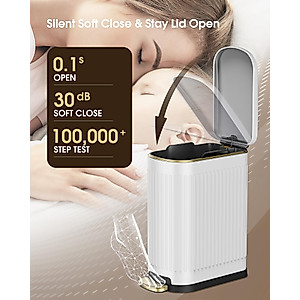 CEROELDA White Bathroom Trash Can with Lid-10L/2.6 Gallon Stainless Steel Step Slim Garbage Can-Rectangle Pedal Trash Bin for Narrow Office, Kitchen, Bedroom, Toilet-Soft Close (B-White/2.6 Gallon)