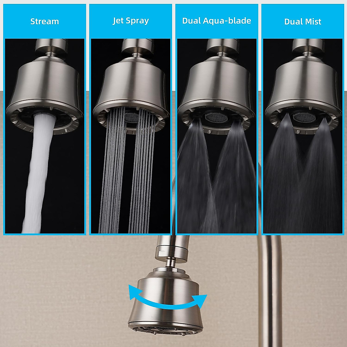 iFealClear Sink Faucet Aerator, Big Angle Swivel Faucet Sprayer Head, 360 Degree Kitchen Sink Faucet with 4 Spray Modes, Female and Male Thread Adapter Included, Brushed Nickel