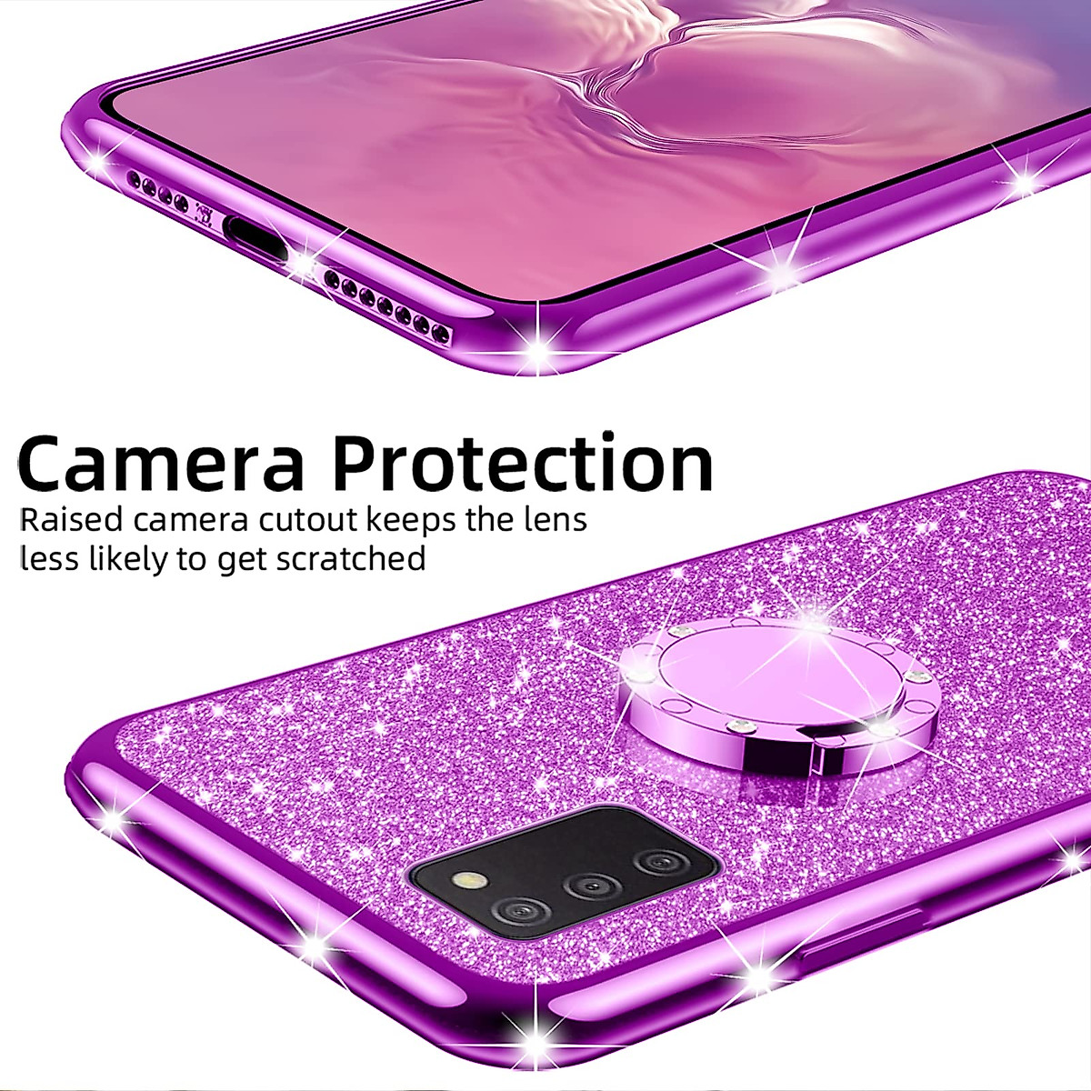 for Samsung A03S Case, Galaxy A03S Case Luxury Cute Soft TPU Silicone Glitter Cover for Girls Women with Diamond Ring Stand Bumper Shockproof Full Body Protection Case for Samsung Galaxy A03S - Purple