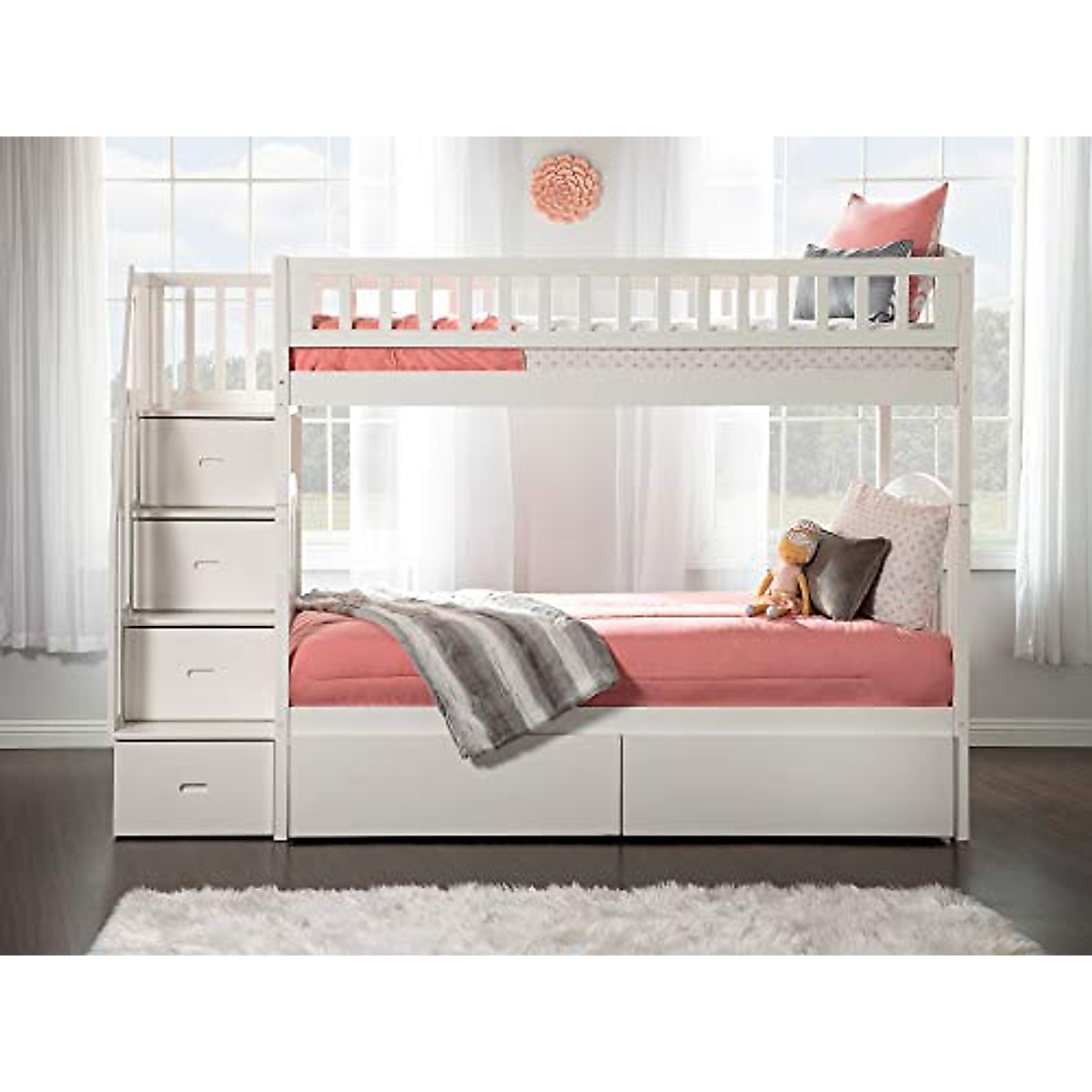 AFI Westbrook Staircase Bunk Twin Over Twin with Turbo Charger and Urban Bed Drawers in White