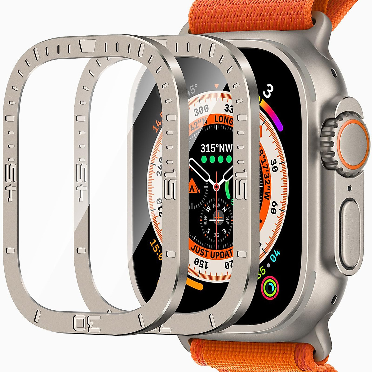 Amizee 2 Pack Metal Case Compatible with Apple Watch Ultra/Ultra 2 Screen Protector Case 49mm with Tempered Glass, Metal Frame Built in HD Glass Protective Cover for iWatch 49mm (B-Numeric Titanium)