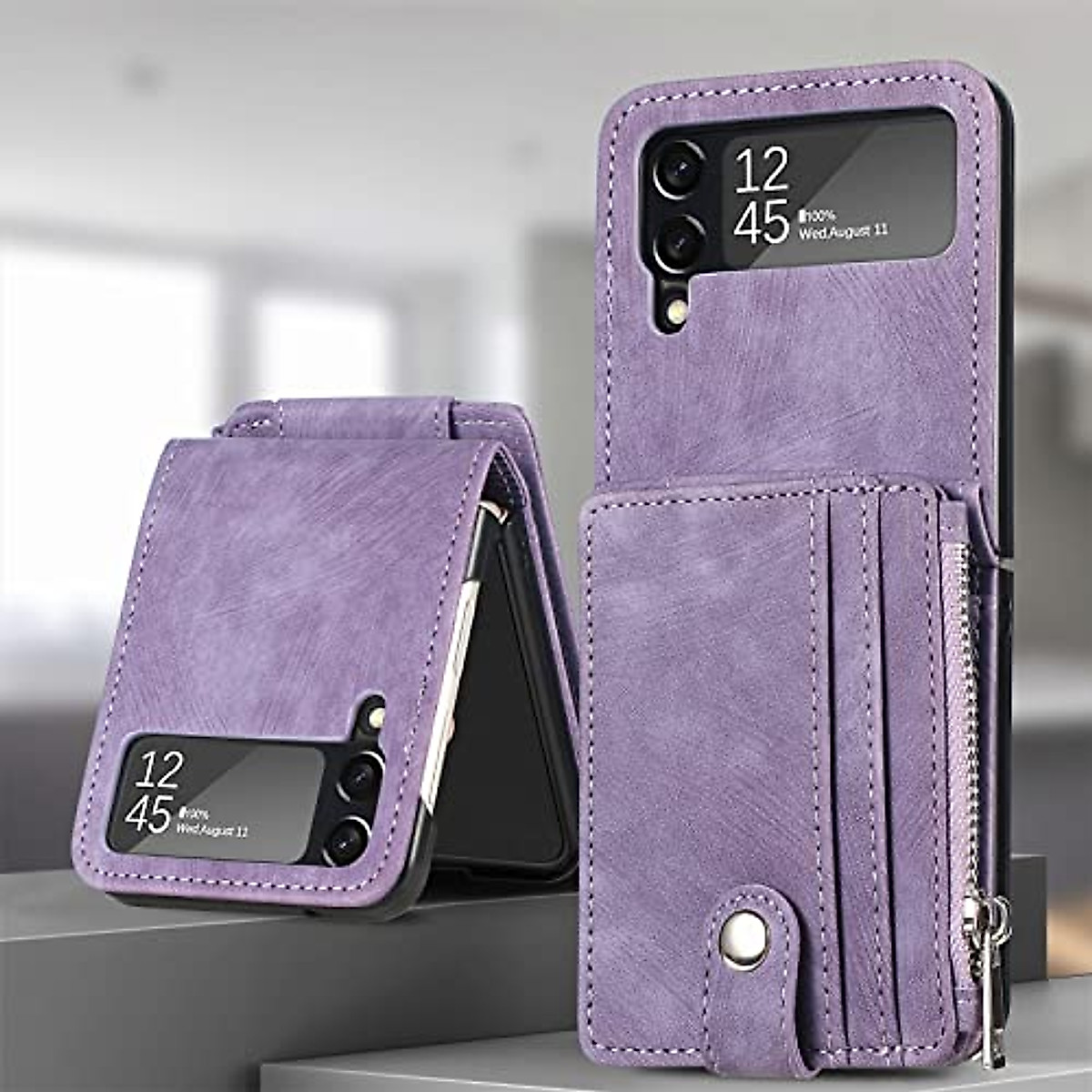 TopFunny Cases for Galaxy Z Flip 3 Wallet Case with Card Holder Retro 2 in 1 Detachable Zipper Flip Wallet Kickstand Premium PU Leather Protective Cover for Samsung Galaxy Z Flip 3 5G 2021 Purple