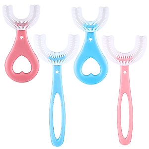 4 Packs Kids U Shaped Toothbrush, Food Grade Soft Silicone Head, Age 2-6 Kidstoothbrush 360 Degree Oral Teeth Cleaning Design for Toddlers and Children (Round and Long Style)