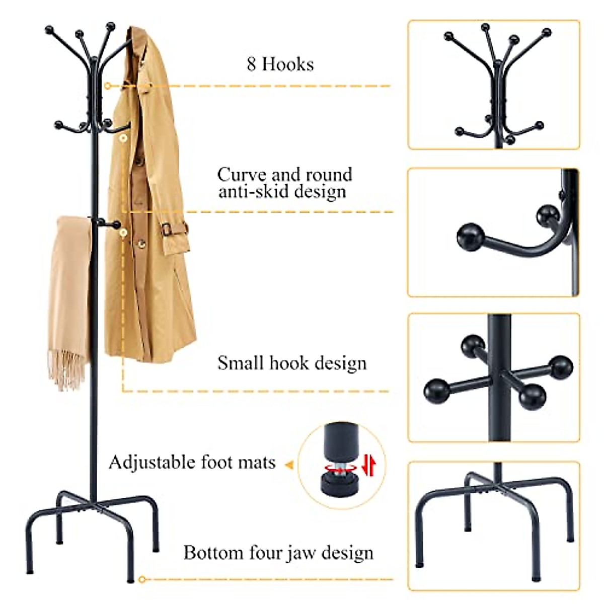 Hoctieon Coat Rack Freestanding, Entryway Coat Rack With 12 Hooks, Coat Hanger Stand, Floor Standing Metal Coat Tree,Coat Rack Stand, Heavy Duty Coat Rack, Coat Tree Freestanding, Black